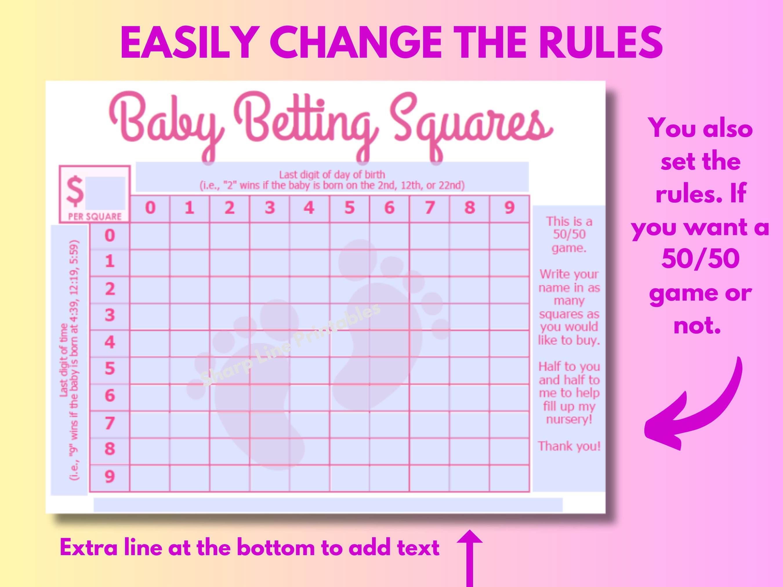 Girl Baby Shower Pink Footprints Guessing Game, Baby Betting Squares ...