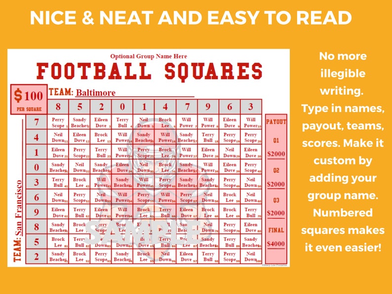 Editable Football Squares Game PDF - Numbered Grids for Football Bets ...
