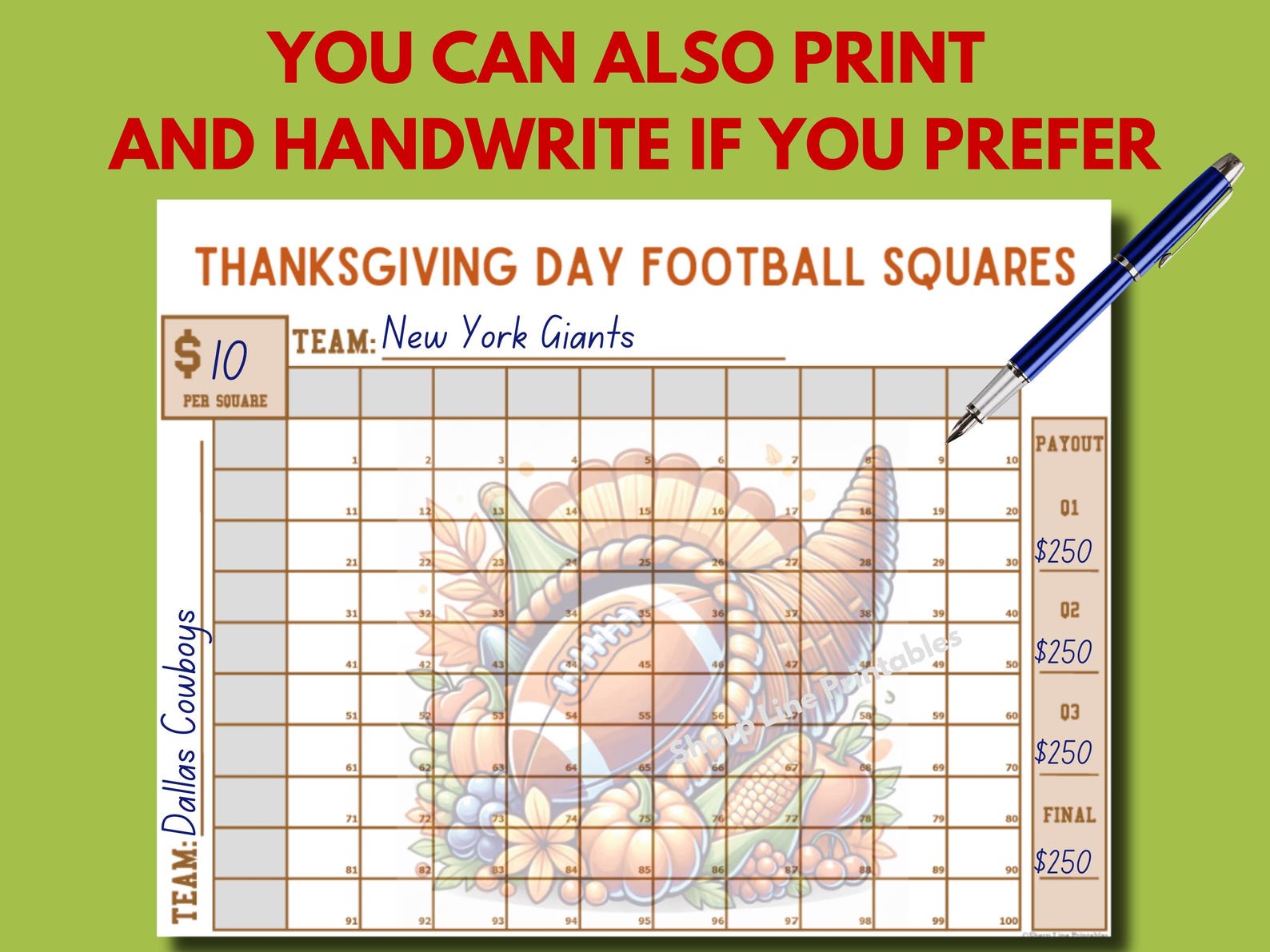 Football Squares Thanksgiving Day Game Editable PDF, 100 Numbered ...