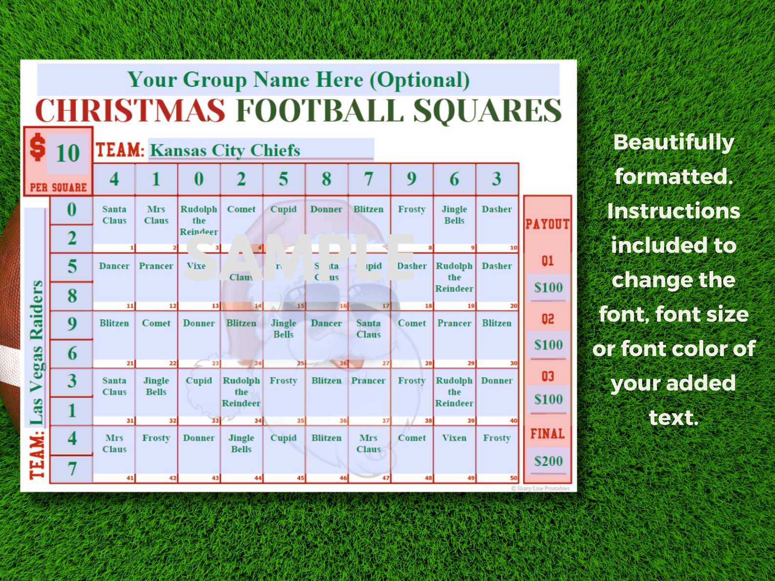 50 Football Squares Template Printable Editable PDF Christmas Football ...