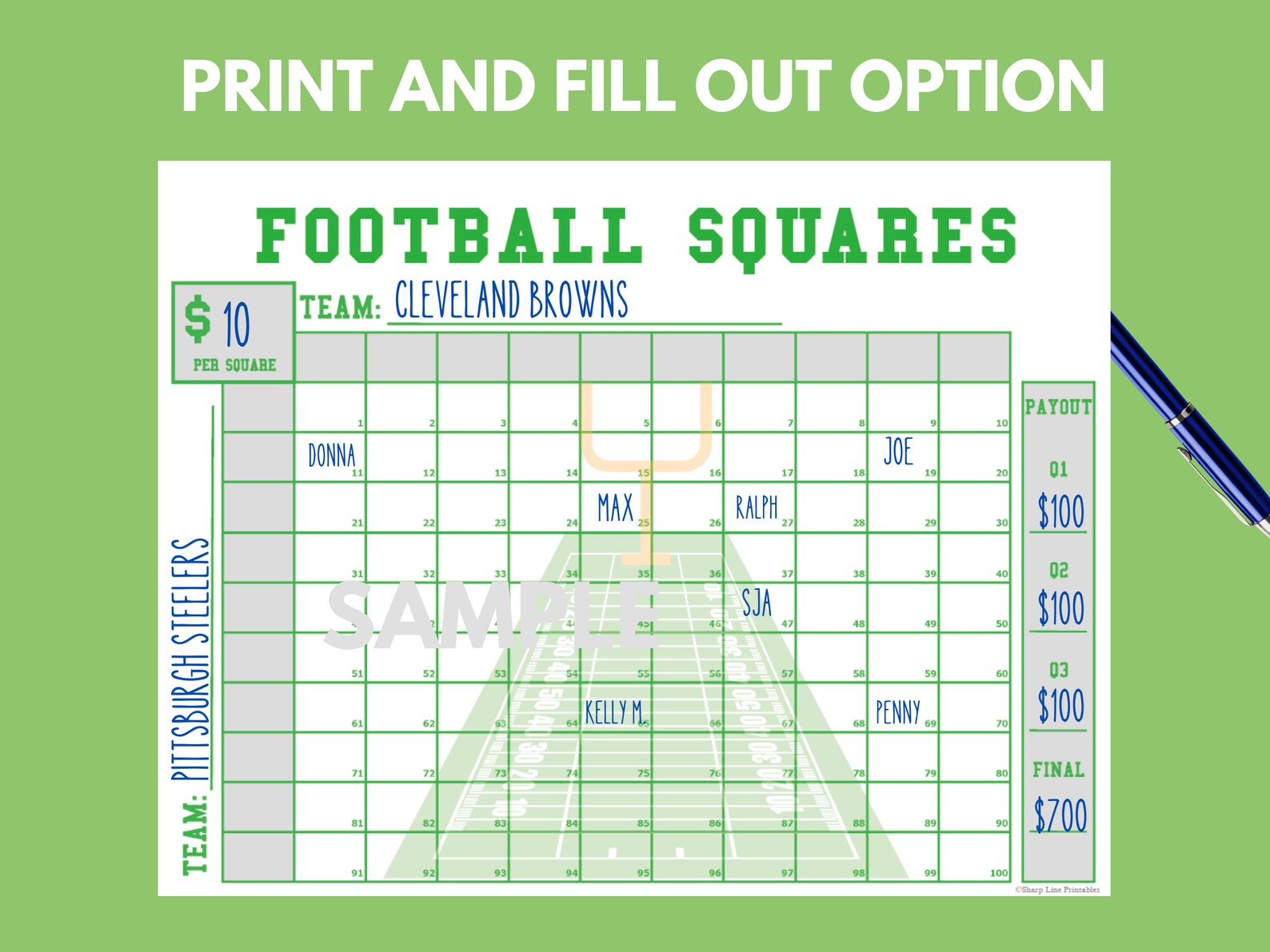 Editable Football Squares 100 Boxes Template Printable PDF Football ...