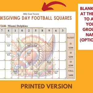 Football Squares Thanksgiving Day Game Editable PDF, 50 Numbered ...