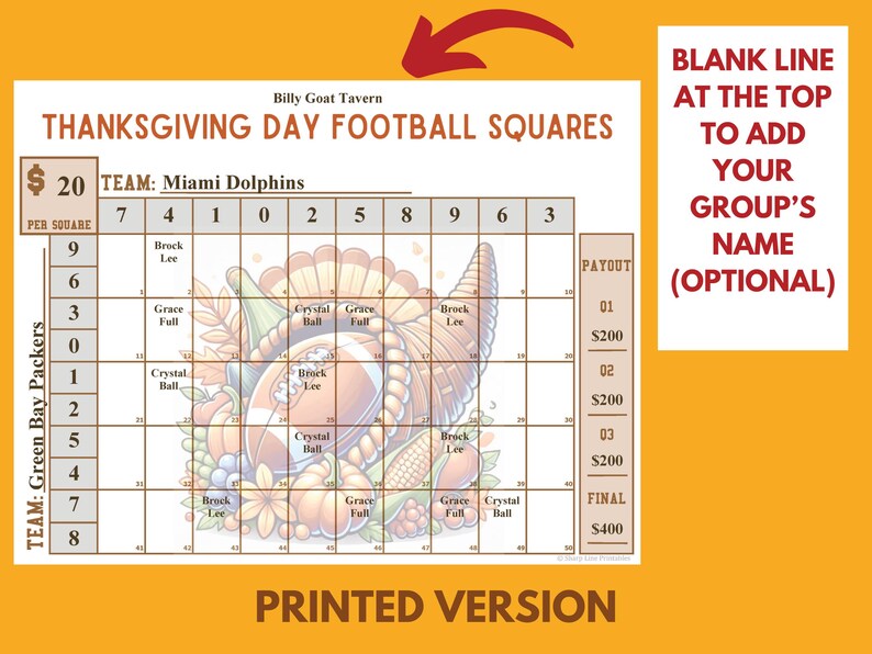 Thanksgiving Football Squares Game: 50 Numbered Squares, Editable (PDF ...