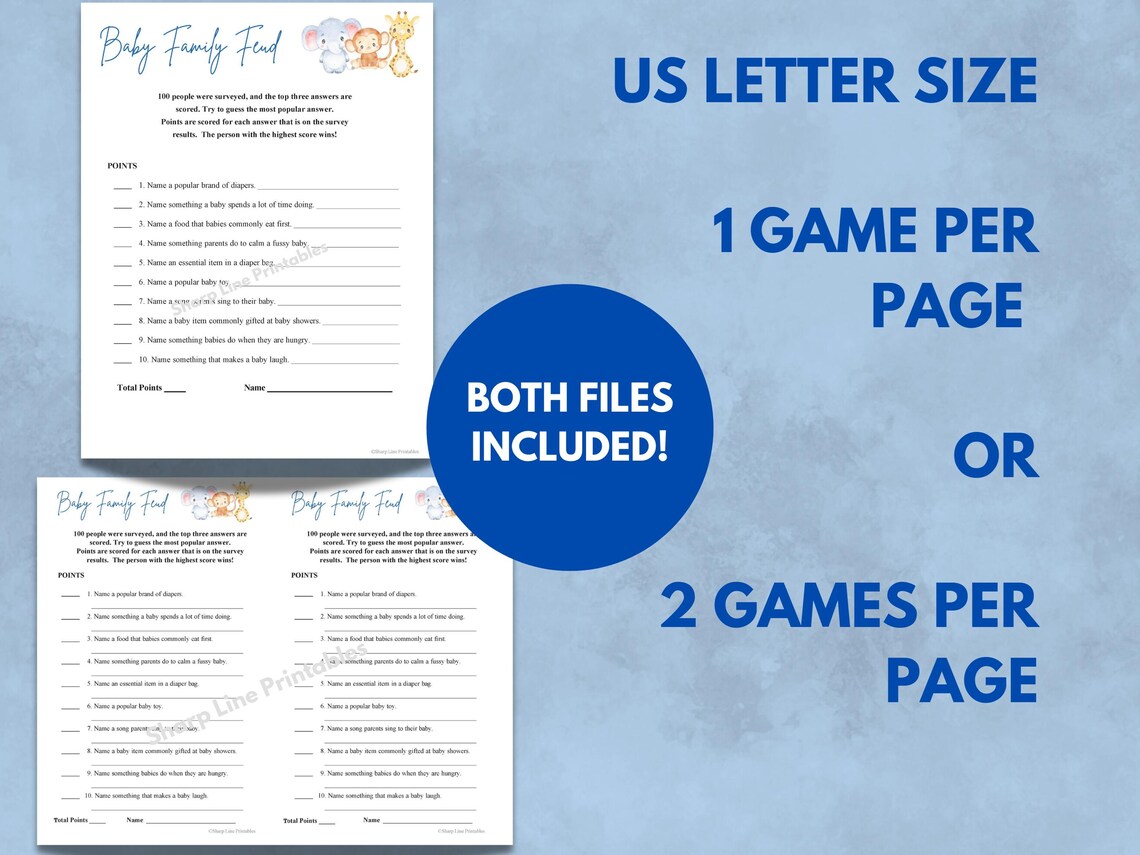 Blue Baby Animal Family Feud Game: Printable Baby Shower Activity (PDF ...