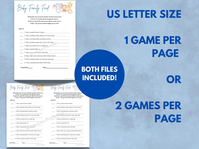 Blue Baby Animal Family Feud Game: Printable Baby Shower Activity (PDF ...