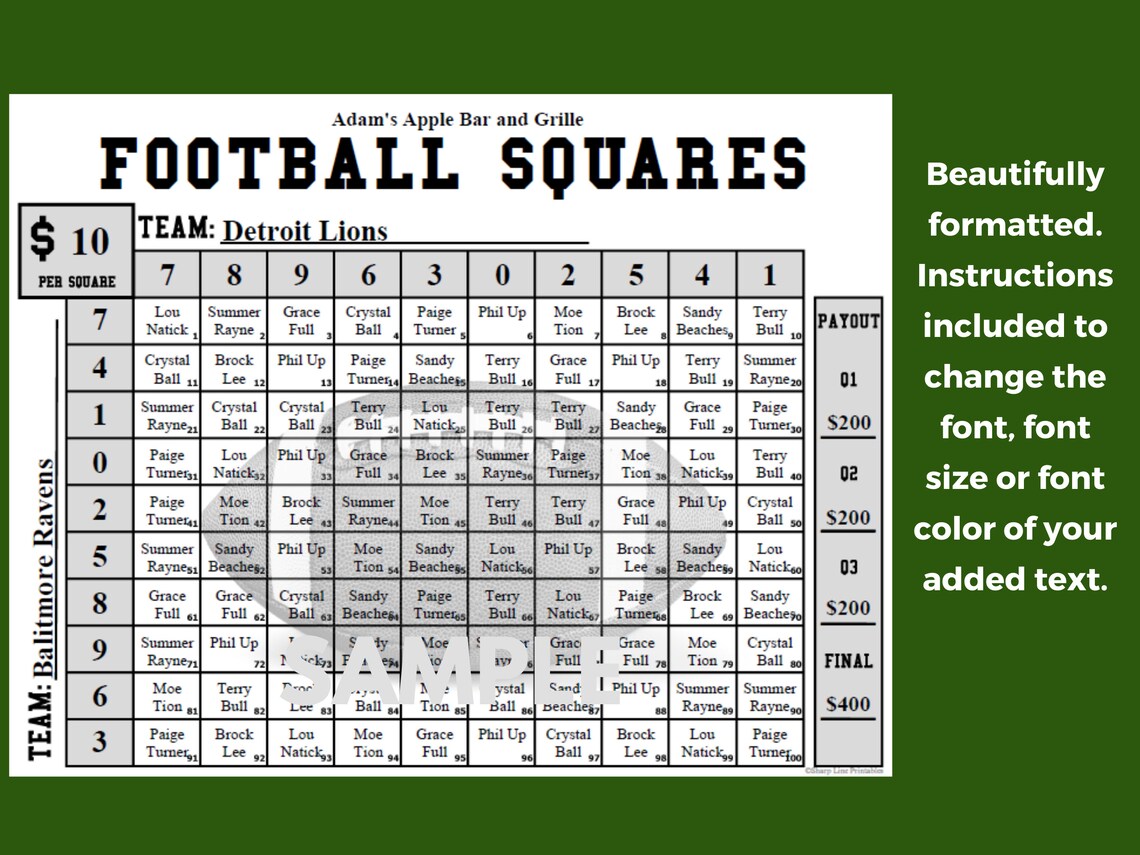 Editable Football Squares Template Printable Editable PDF Football ...