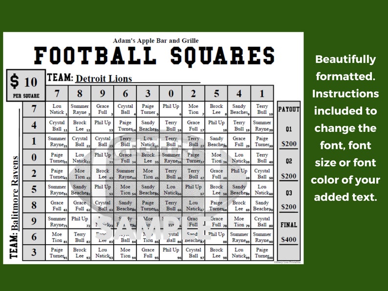 Editable Football Squares Template Printable Editable PDF Football ...