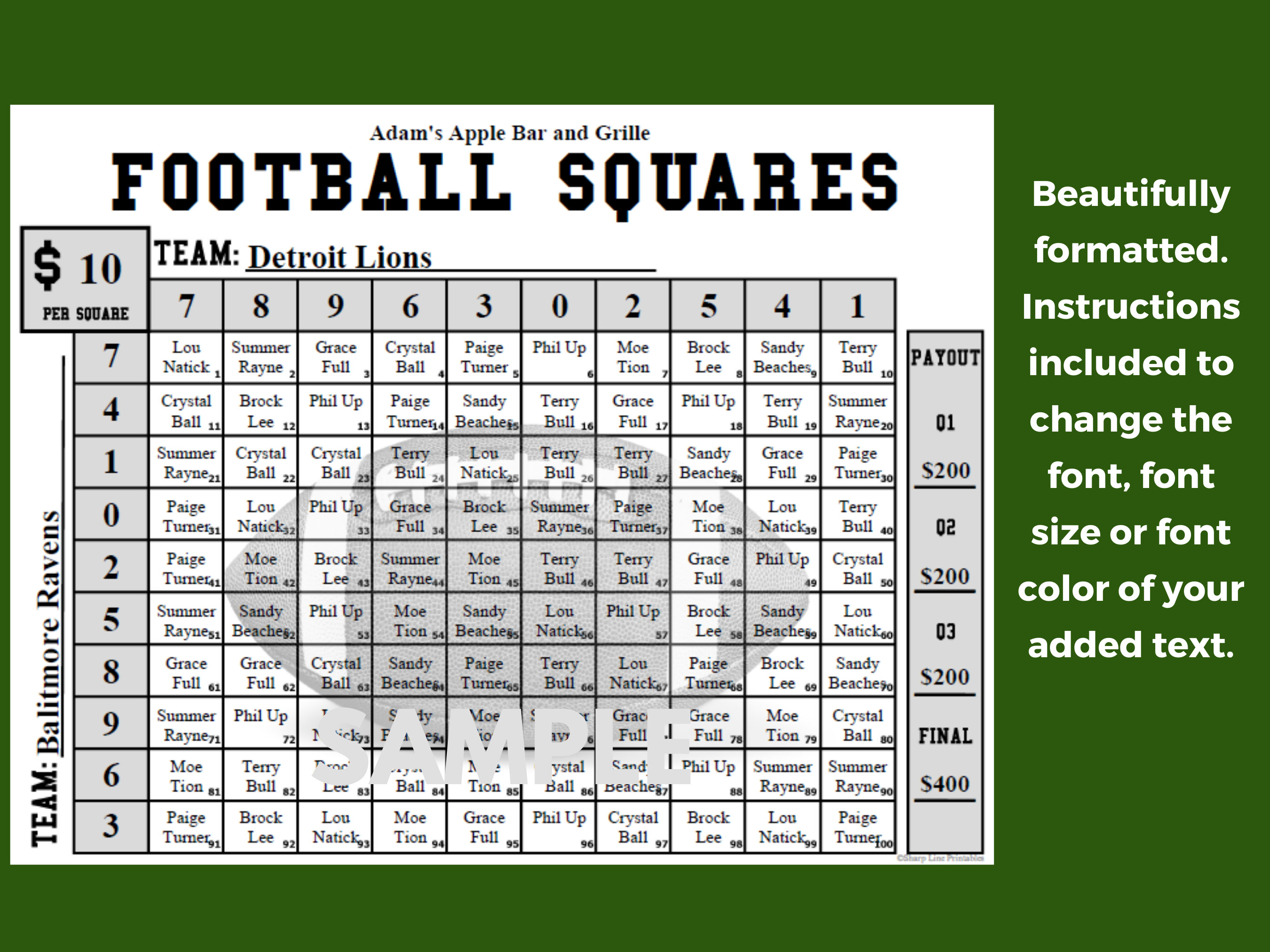 Editable Football Squares Template Printable Editable PDF Football ...