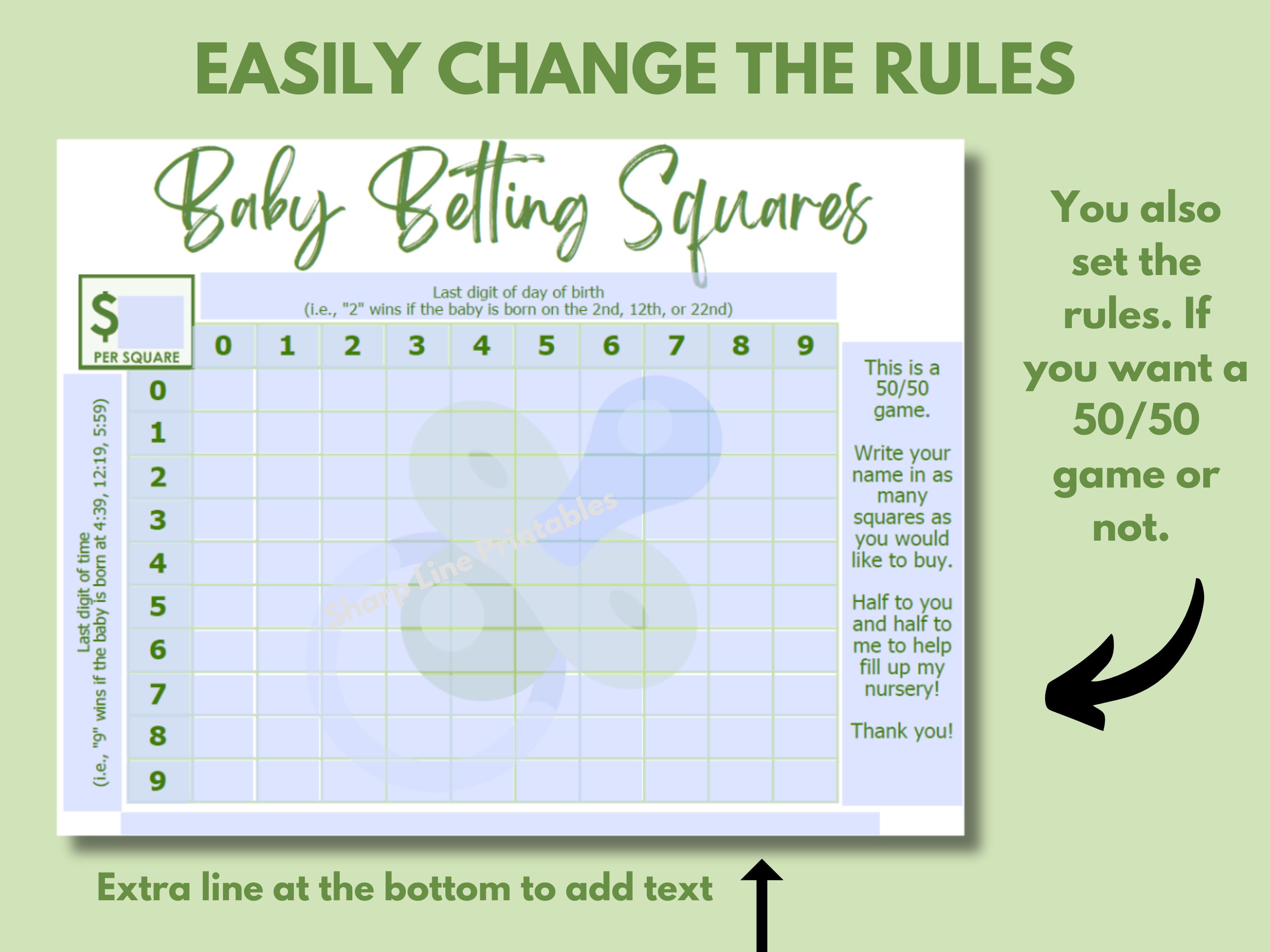 Customizable Baby Prediction Betting Squares, Printable Baby Pool Game ...