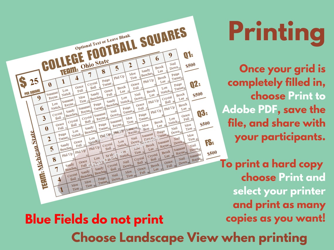College Football Squares Template Printable Editable PDF Football ...