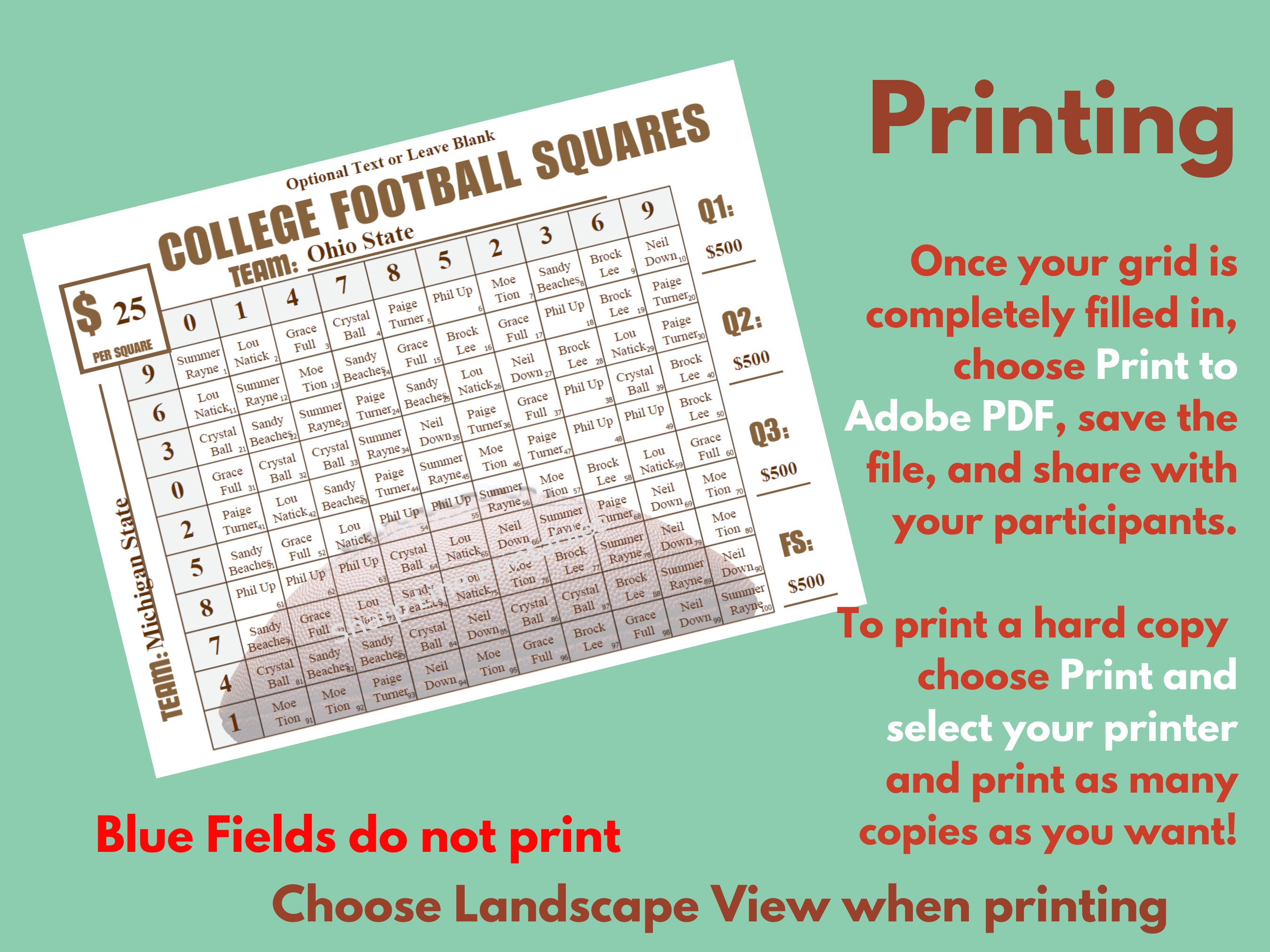 College Football Squares Template Printable Editable PDF Football ...