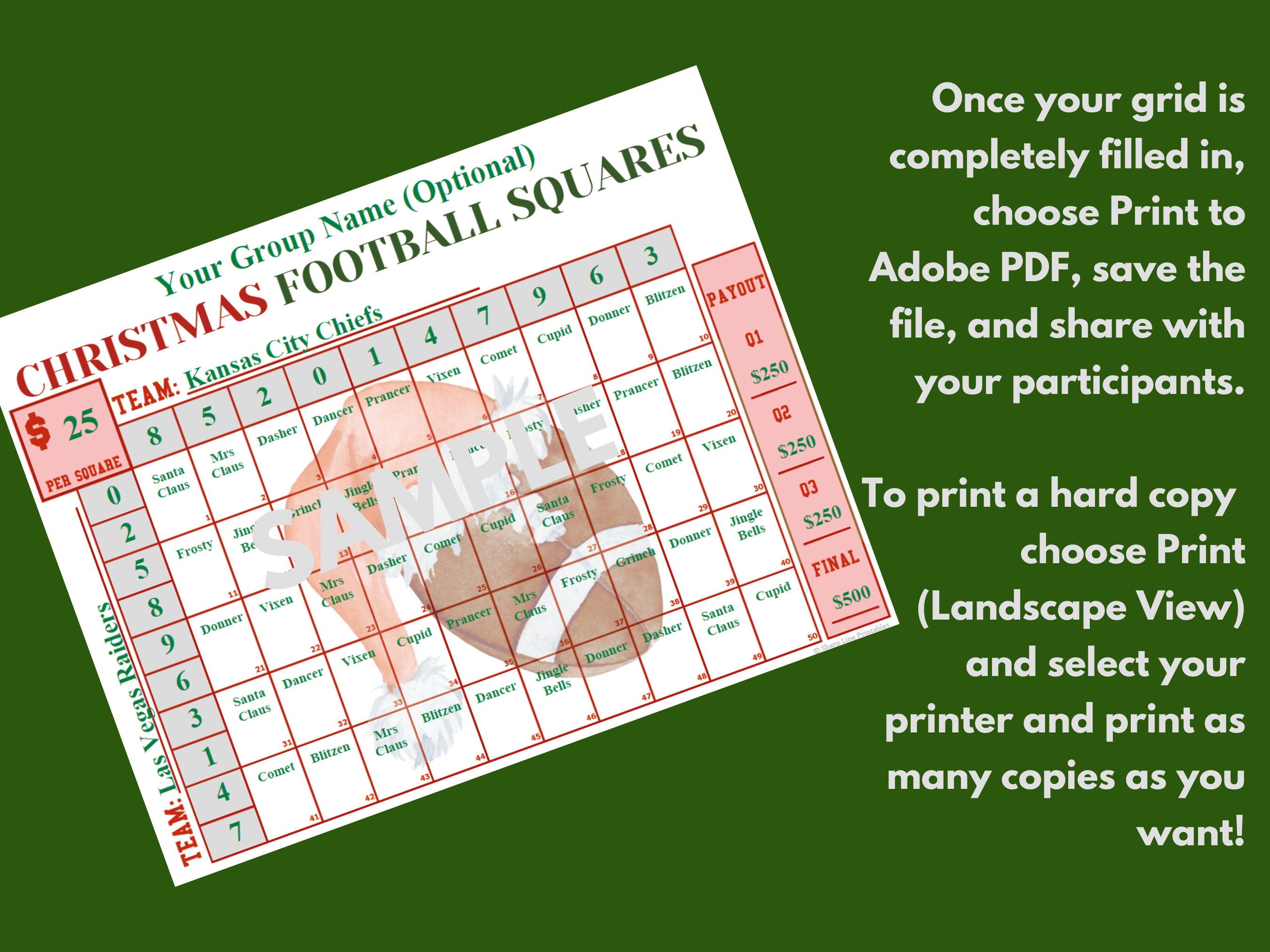 50 Christmas Football Squares Template Printable Editable PDF Football ...