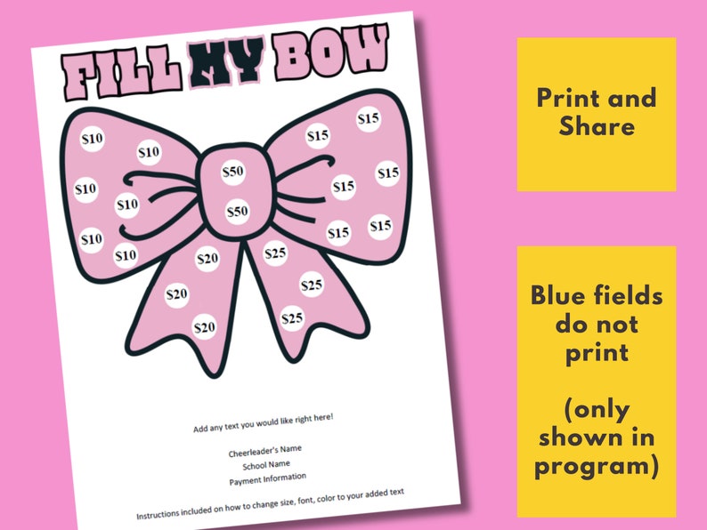 Fill My Bow Cheer Fundraiser Fillable PDF for Cheerleading, Editable ...