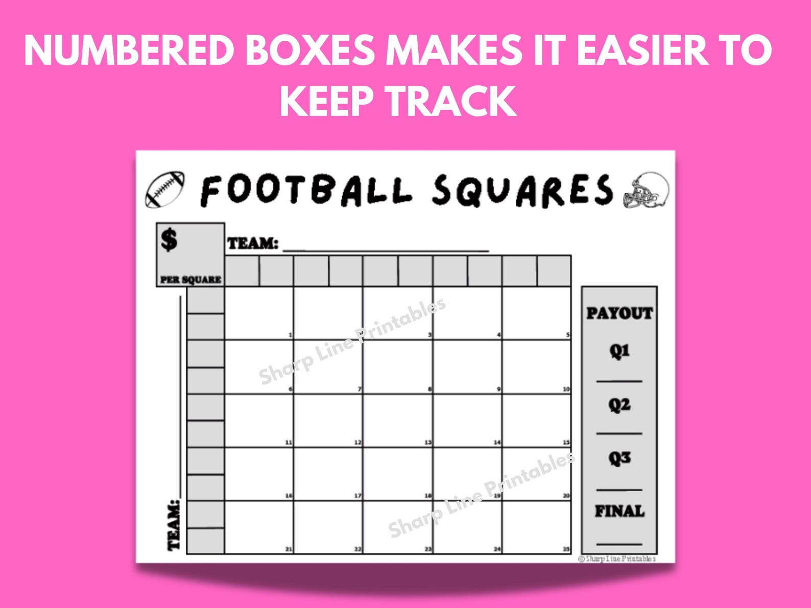 25 Football Squares Game Printable PDF | 25 Numbered Squares | Football ...