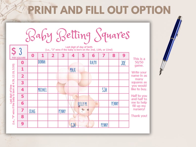 Baby Shower Game Baby Betting Squares Editable Pink Bear Girl Baby ...