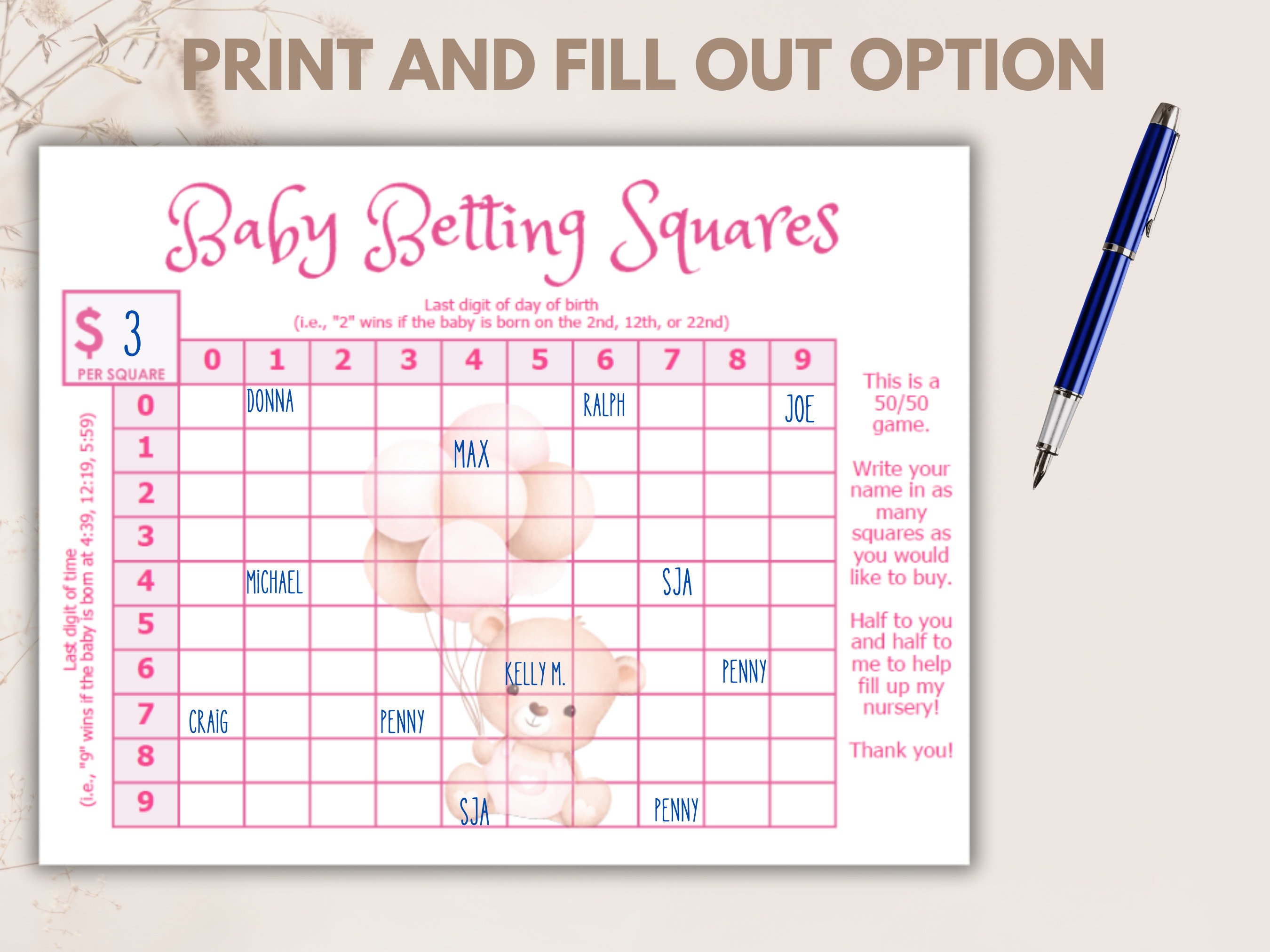Pink Bear Baby Betting Squares Editable Baby Shower Game Customizable ...