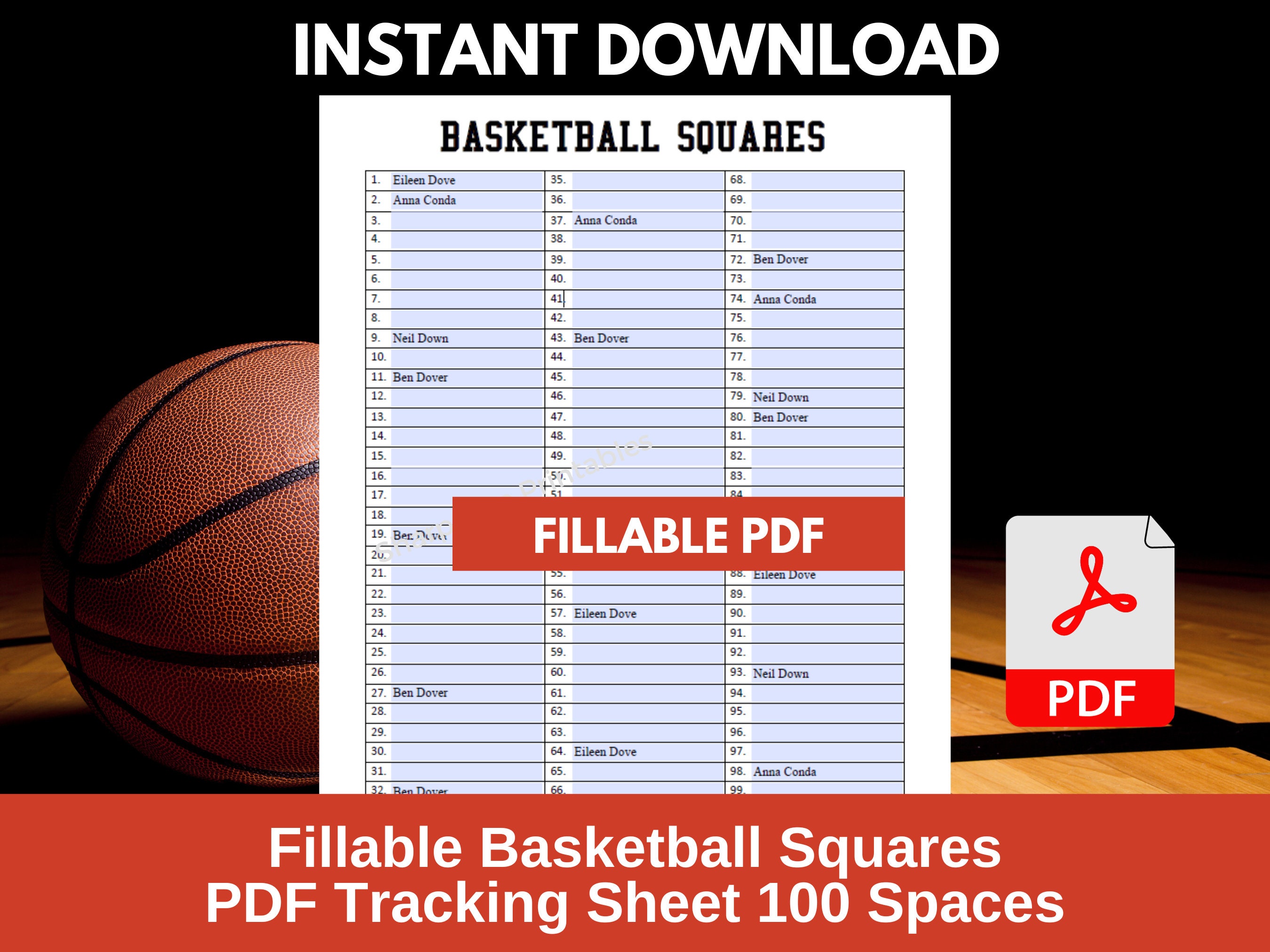 Basketball Squares Fillable Tracking Sheet Printable Form PDF Sheet 100 ...