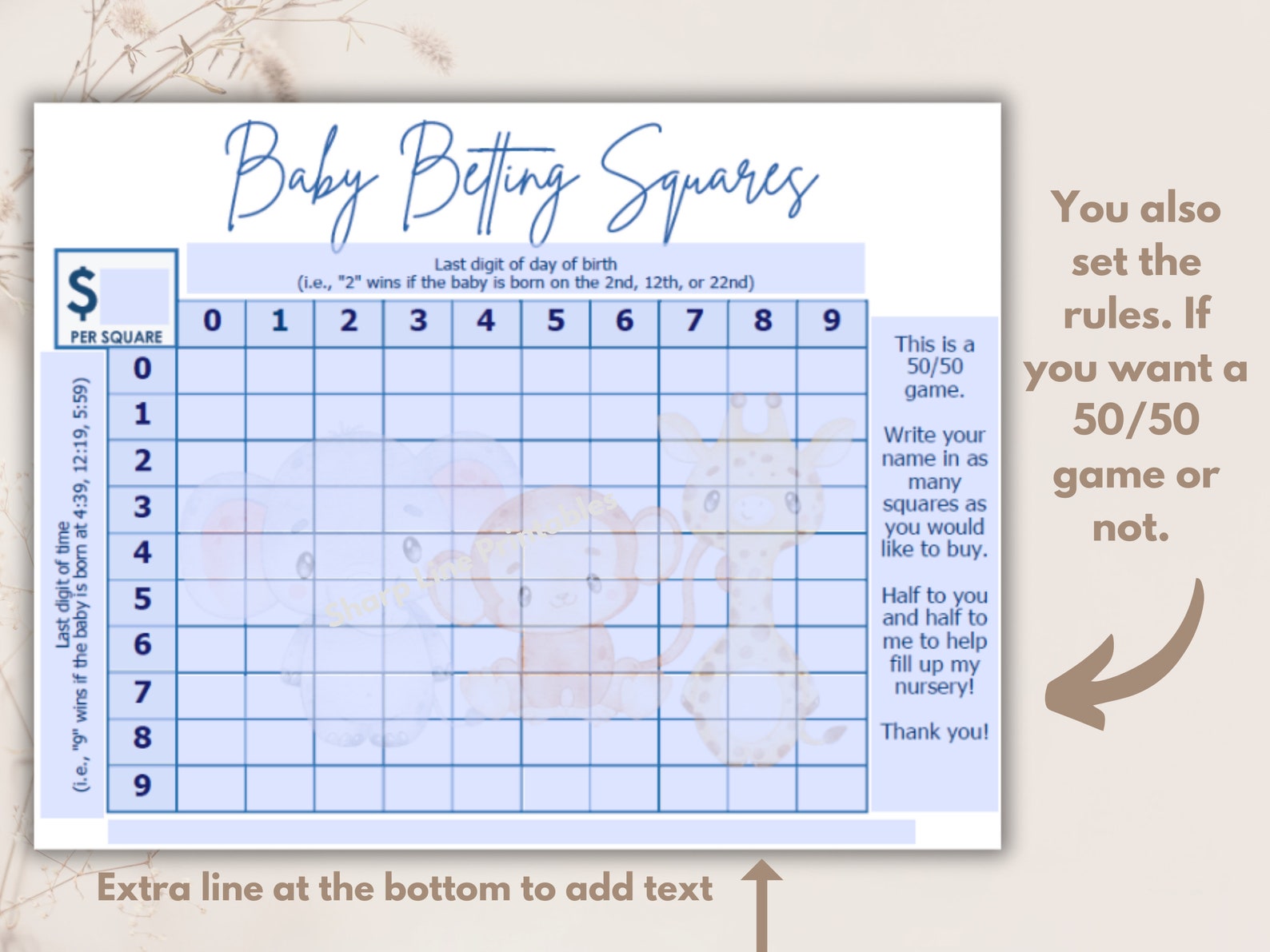 Blue Baby Animals Baby Betting Squares Editable Baby Shower Game ...