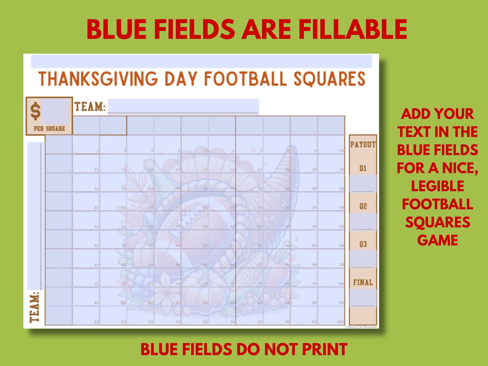 Thanksgiving Football Squares: 100 Numbered Squares, Editable Template ...