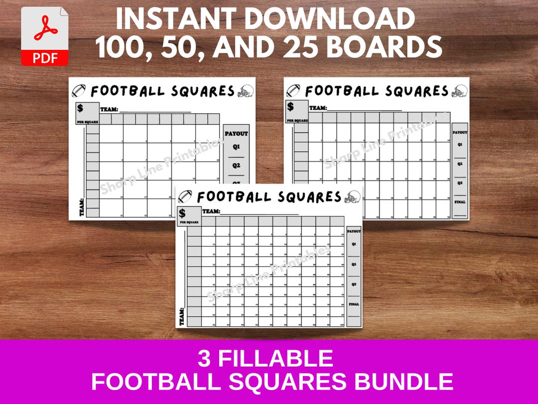 Football Squares BUNDLE | Get All 3 Football Square Boards 100, 50, 25 ...
