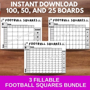 Football Squares Bundle: 100, 50, 25 Grids - Fillable Template (PDF) - Etsy