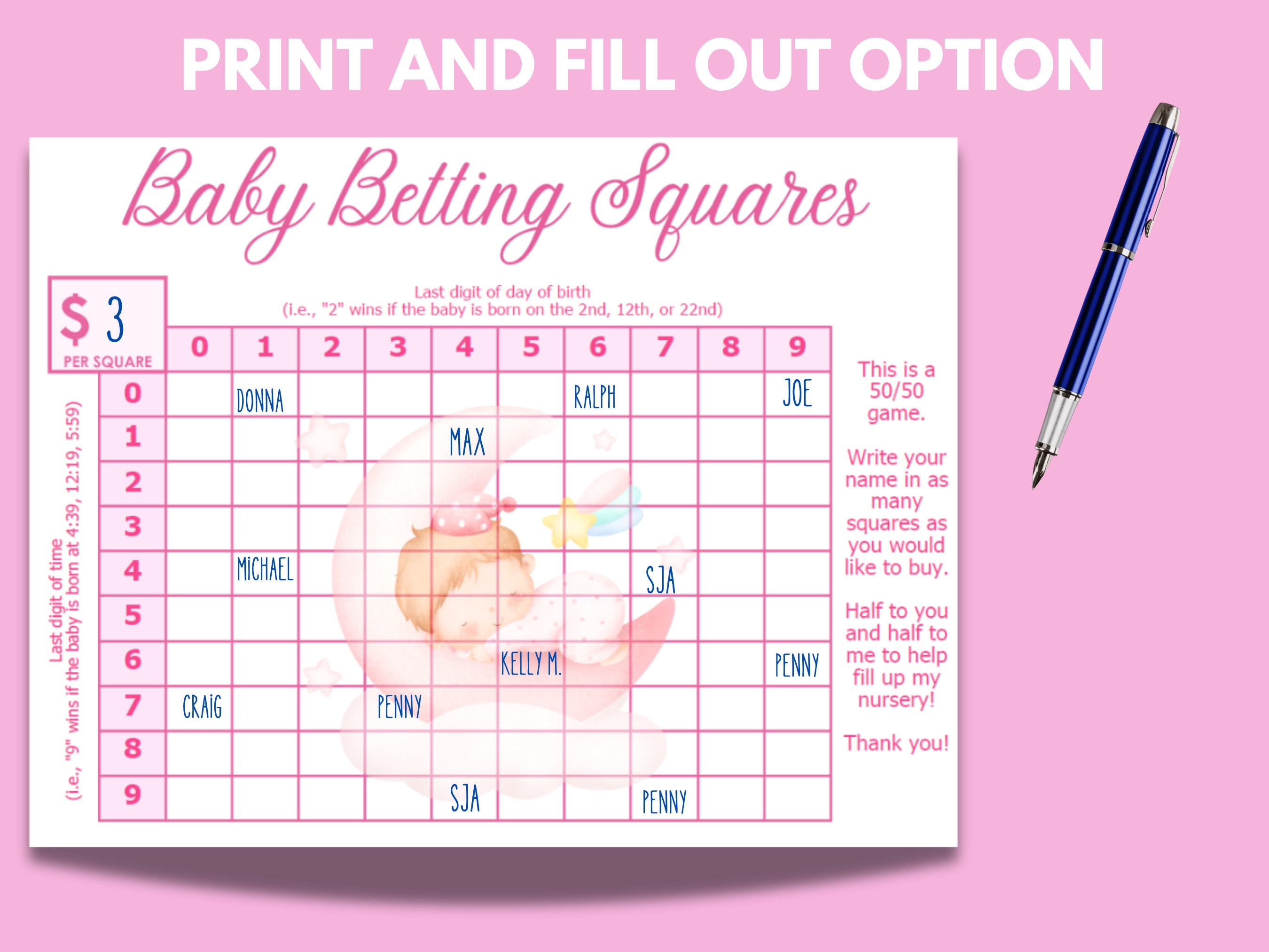 Baby Betting Squares Shower Game Editable Baby Shower Game Printable ...