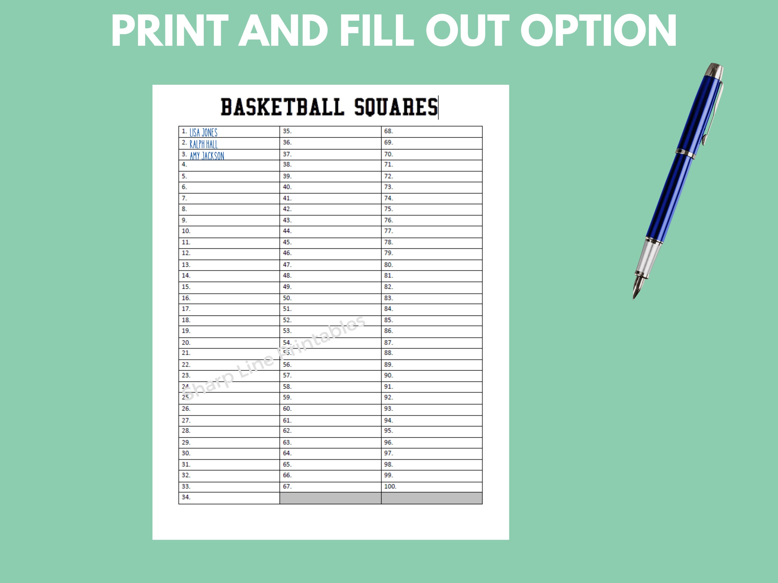 Basketball Squares Fillable Tracking Sheet Printable Form PDF Sheet 100 ...