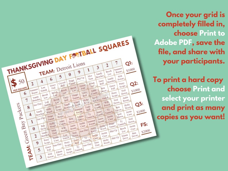Thanksgiving Football Squares Template: Editable Printable (PDF) - Etsy