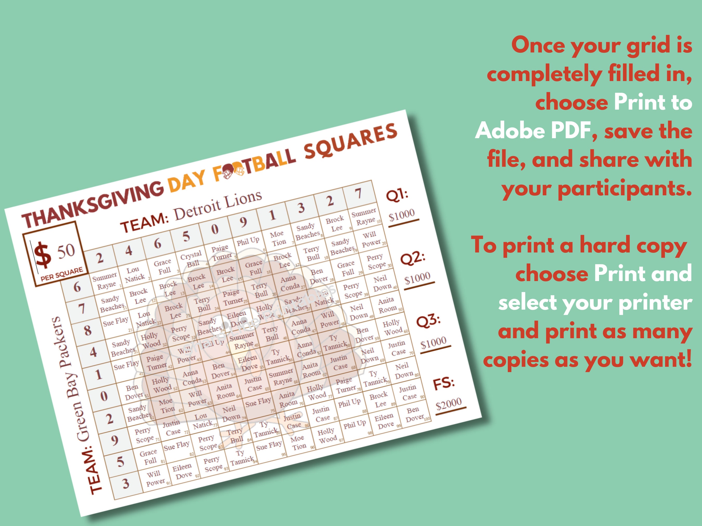 Thanksgiving Football Squares Template: Editable Printable (PDF) - Etsy