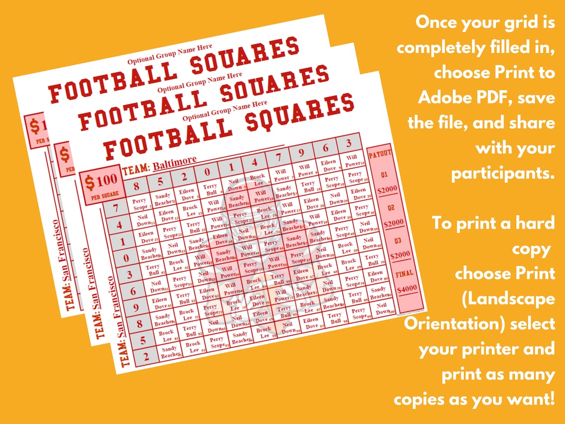 Editable Football Squares Game PDF Numbered Grids for Football Bets ...