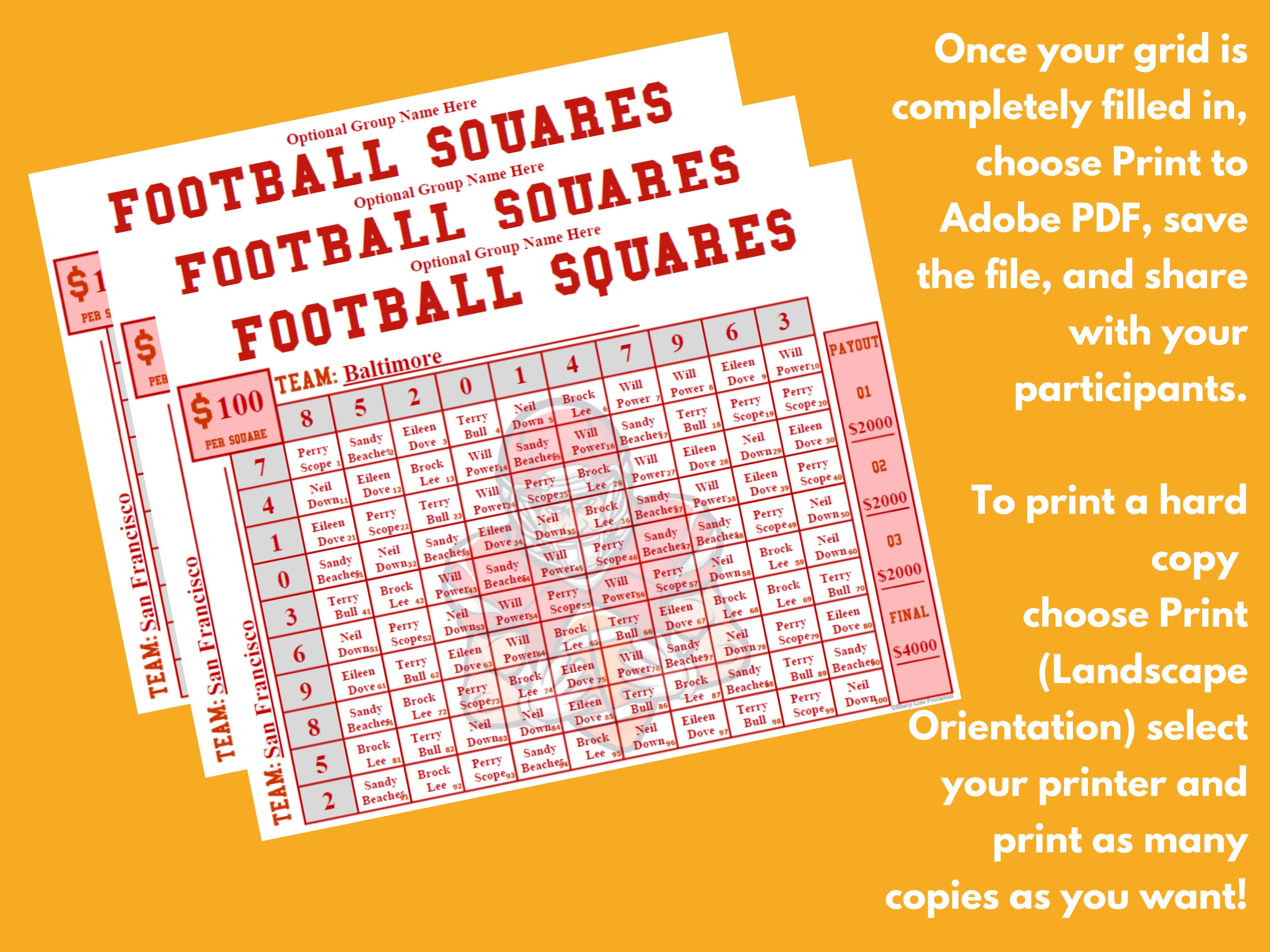 Editable Football Squares Game PDF - Numbered Grids for Football Bets ...