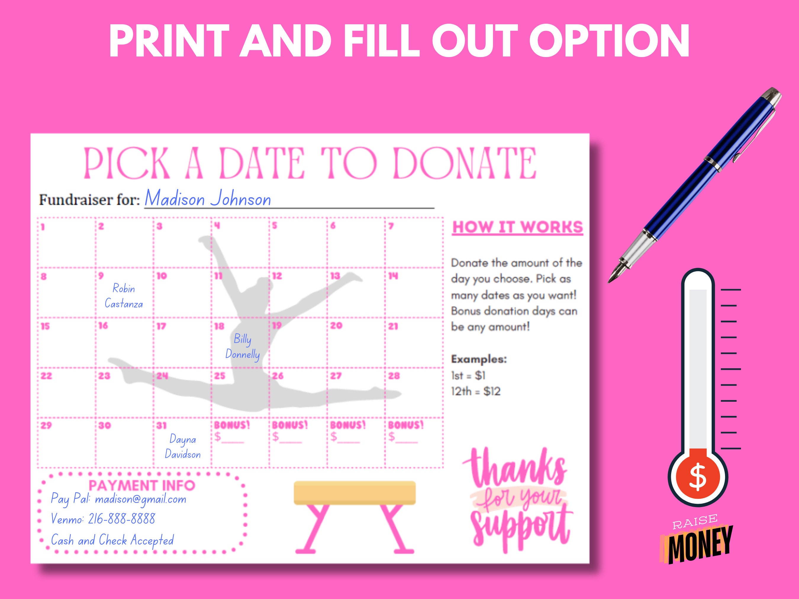 Gymnastics Fundraiser Calendar, Gymnastics Pick a Date to Donate ...
