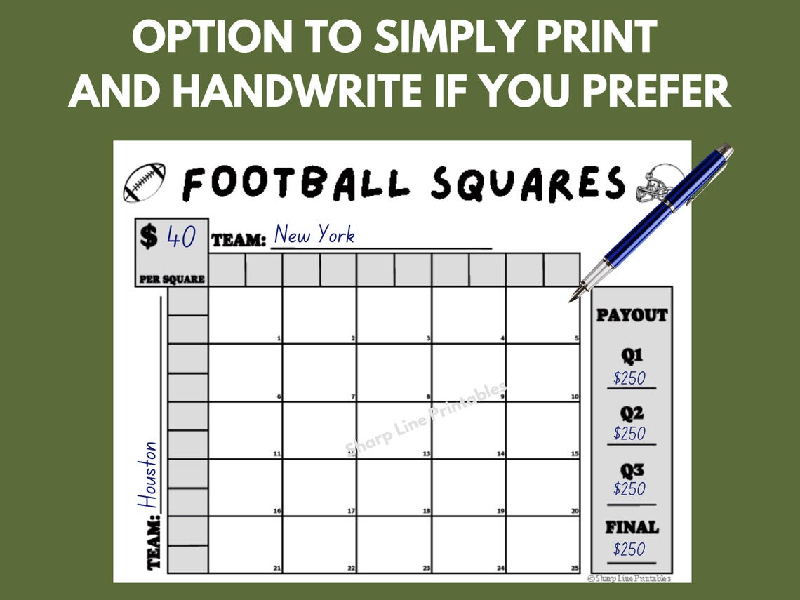 25 Football Squares Printable | Editable Football Square Fundraiser ...
