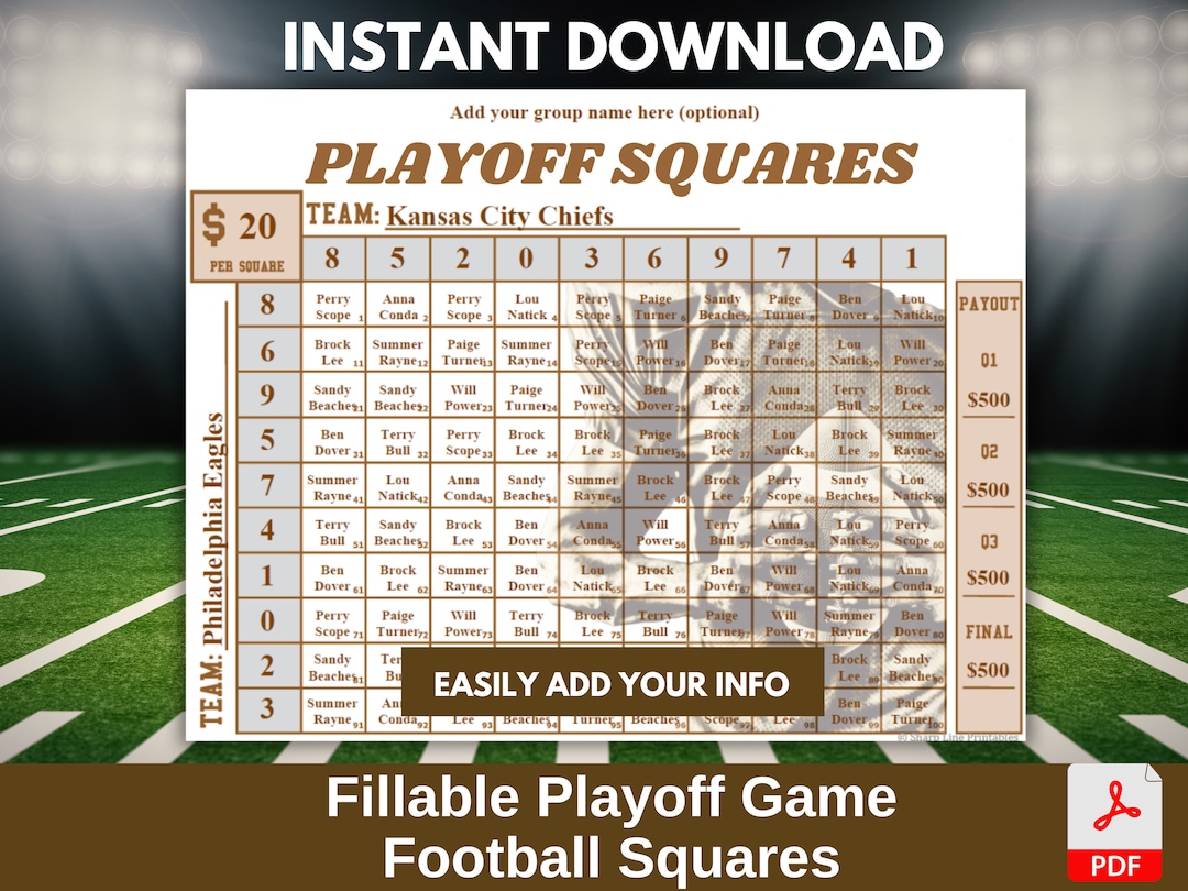 Editable Playoff Football Squares Template Printable Editable PDF ...