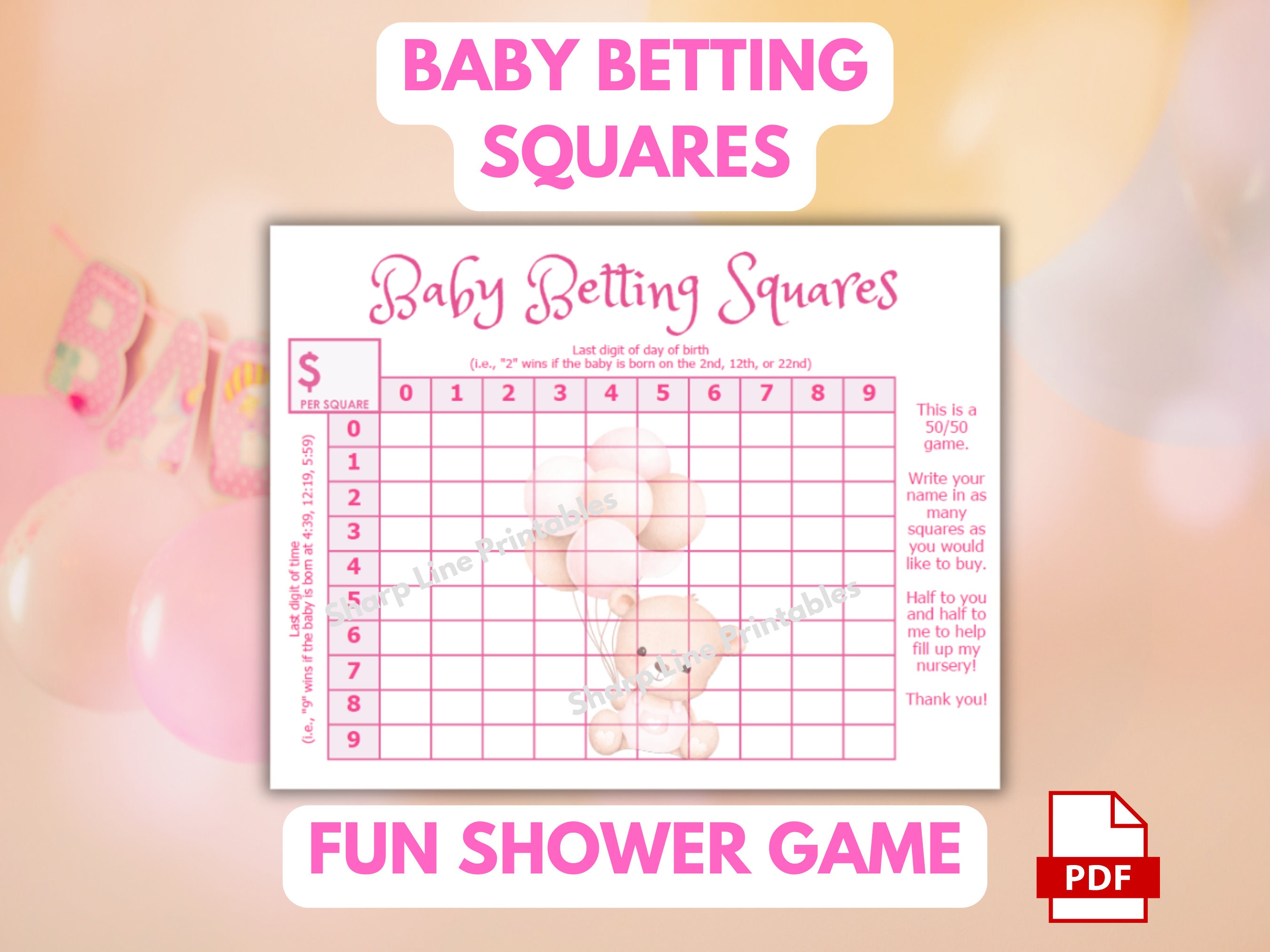 Baby Shower Game Baby Betting Squares Editable Pink Bear Girl Baby ...