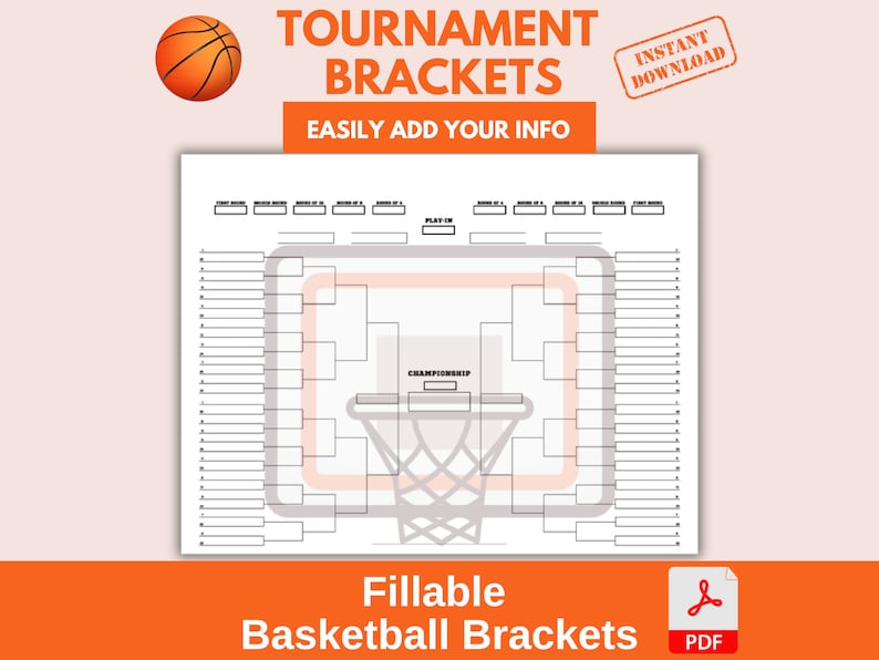 Printable NCAA Basketball Bracket March Madness Template Editable PDF ...