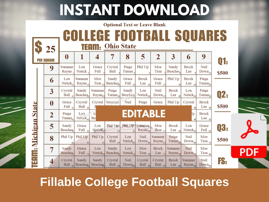 College Football Squares Template Printable Editable PDF Football ...