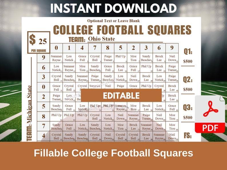 College Football Squares Template Printable Editable PDF Football ...
