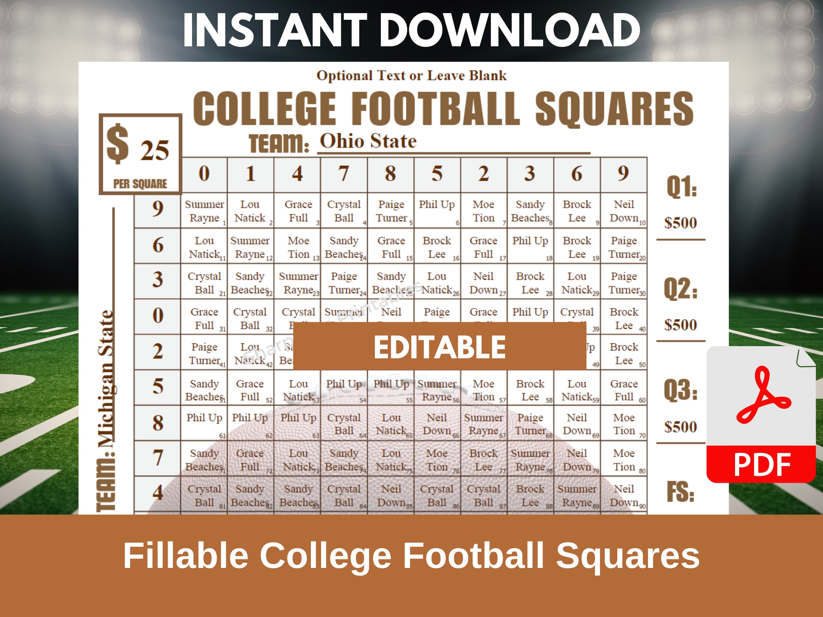 College Football Squares Template Printable Editable PDF Football ...