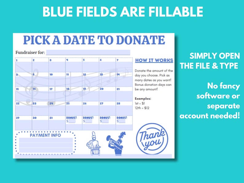 Marching Band Fundraiser Calendar, Custom Donate Dates, Editable PDF ...