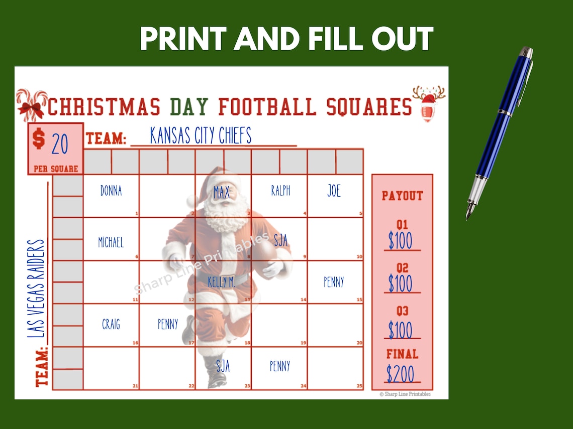 25 Football Squares Template Printable Christmas Eve and Day - Etsy