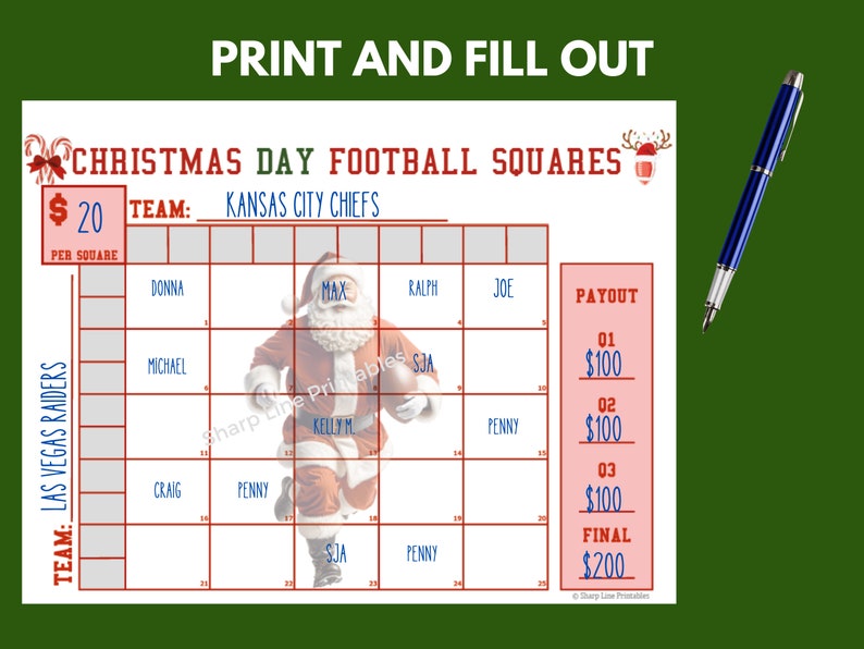 25 Football Squares Template Printable Christmas Eve and Day Football ...