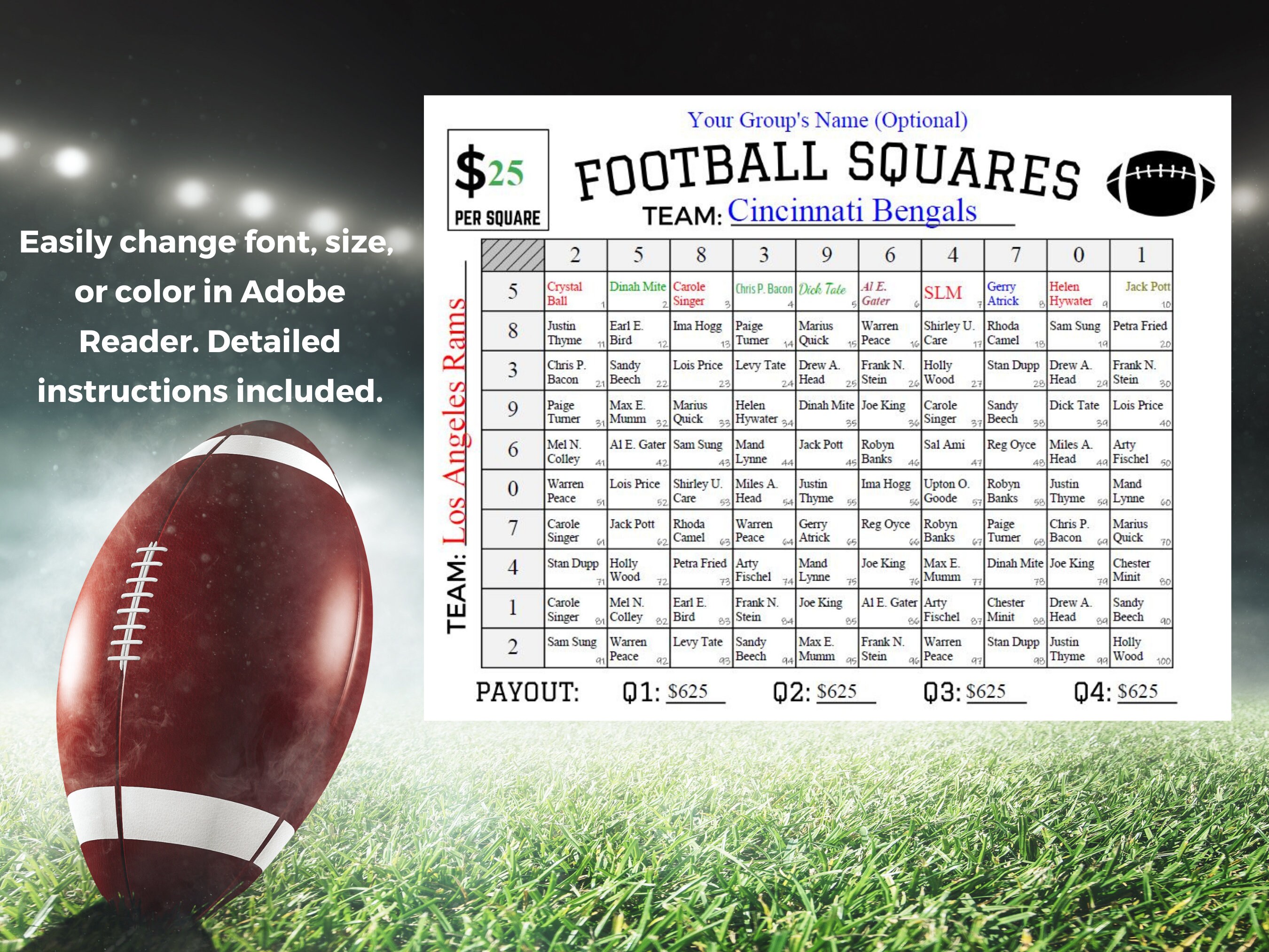 Football Squares Game Printable Editable PDF. Super Bowl Squares ...