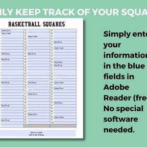Basketball Squares Fillable Tracking Sheet Printable Form PDF Sheet 100 ...