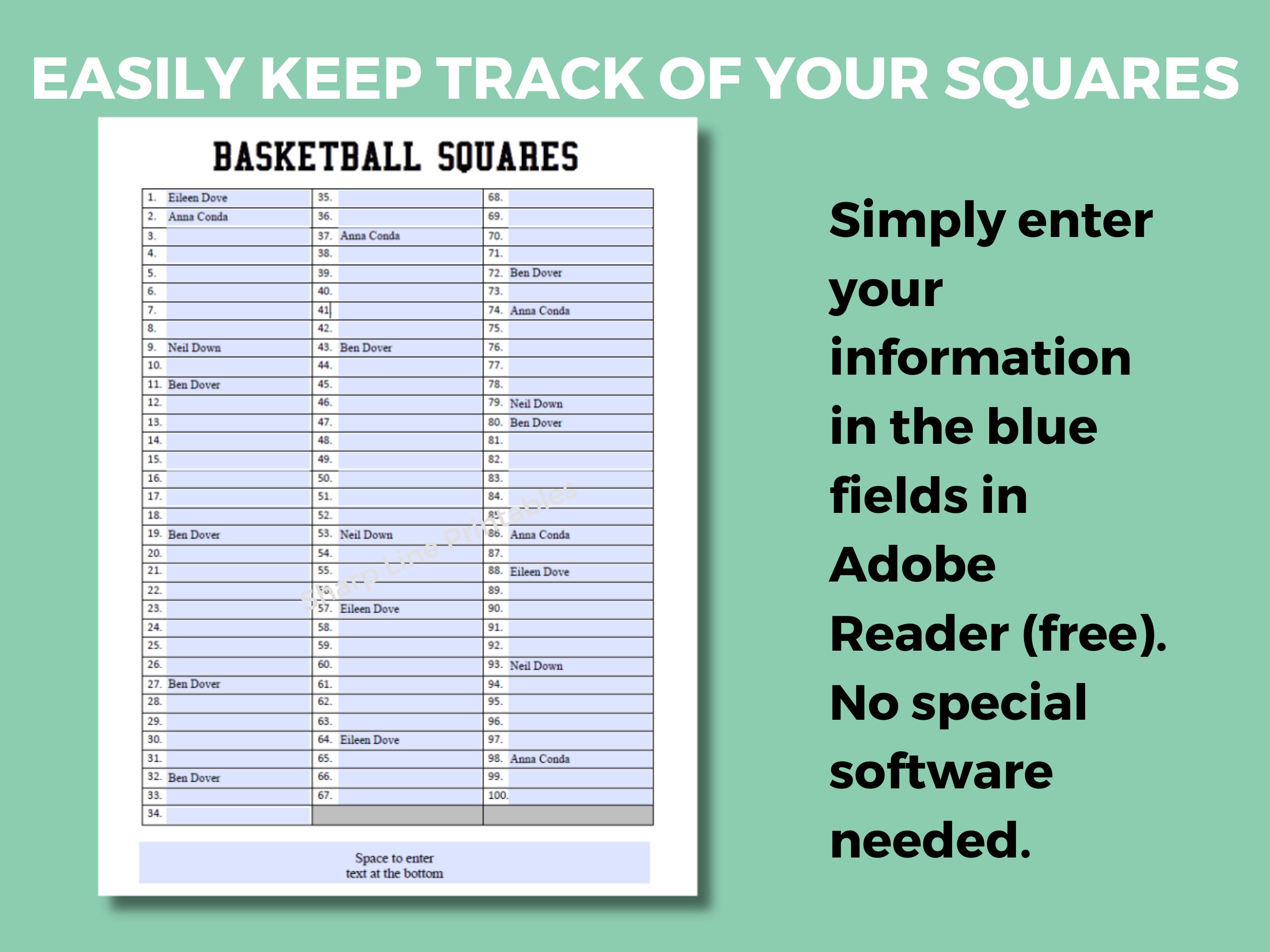 Basketball Squares Fillable Tracking Sheet Printable Form PDF Sheet 100 ...