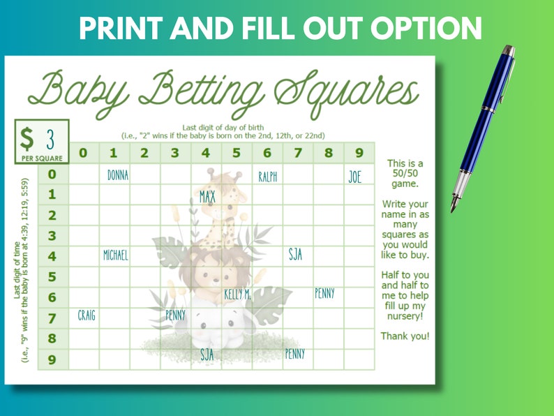 Editable Baby Betting Squares Game: Green Animals Baby Shower (PDF) - Etsy