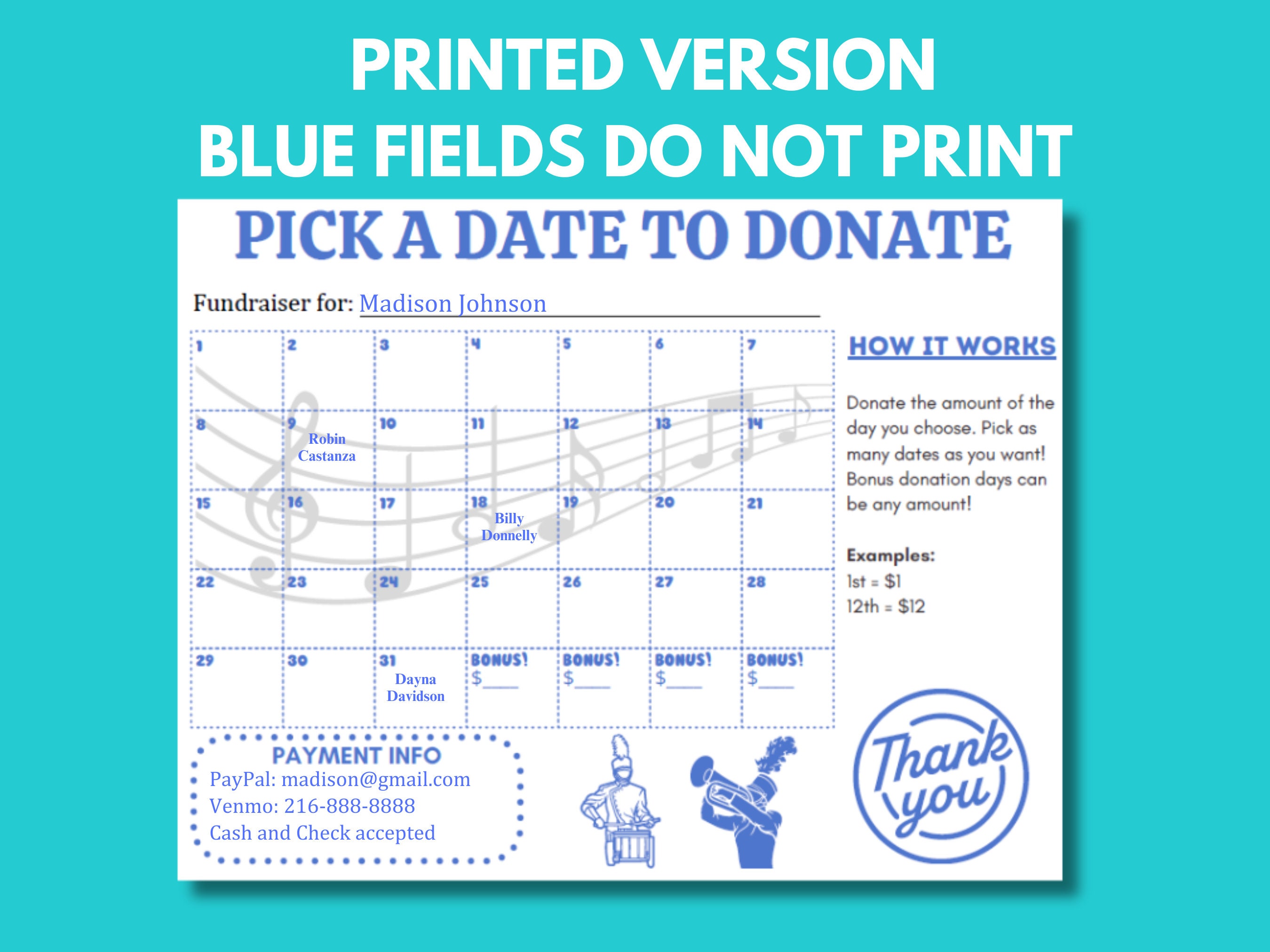 Marching Band Fundraiser Calendar, Custom Donate Dates, Editable PDF ...