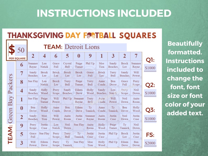 Football Squares Template Printable Editable PDF Thanksgiving Football ...