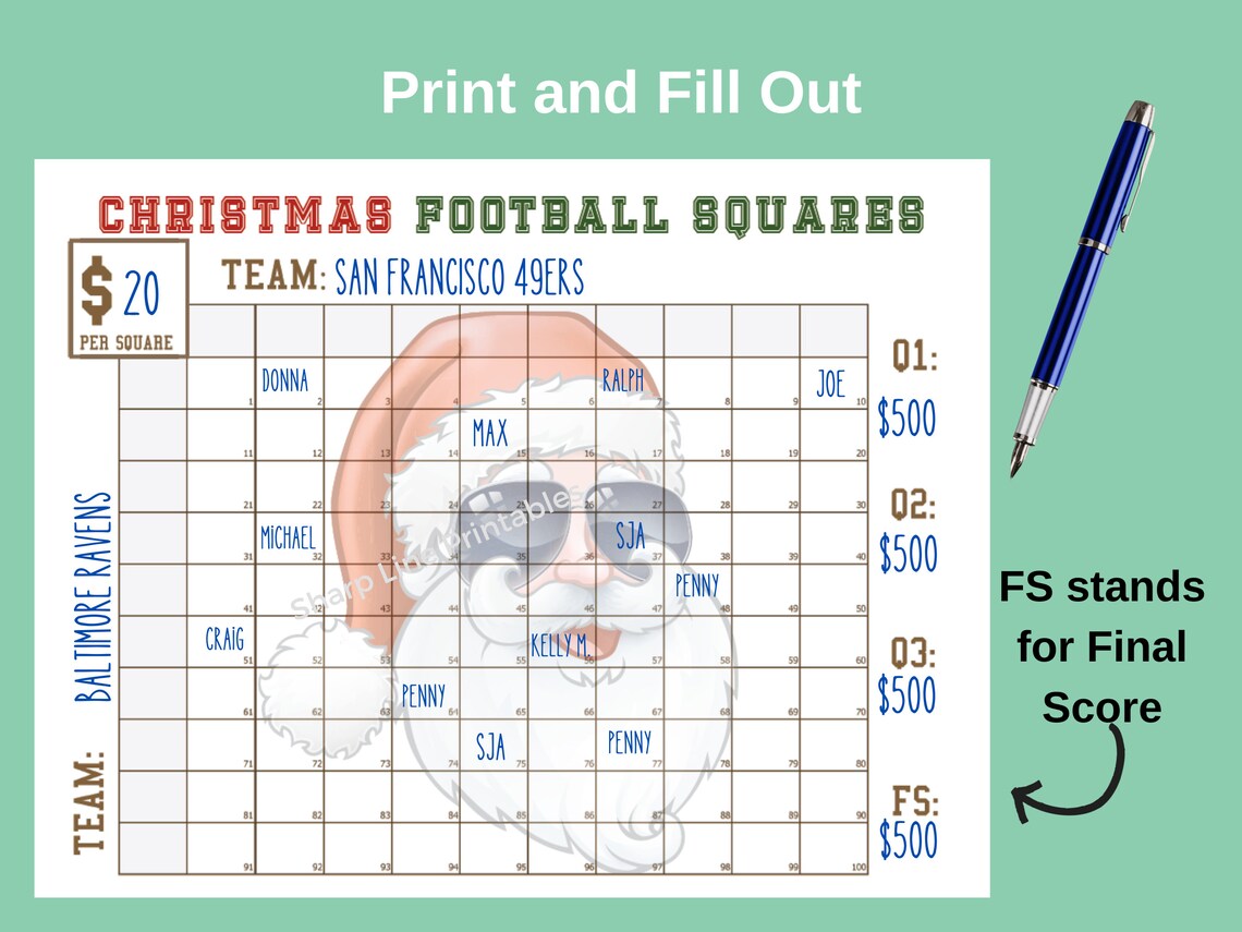 Printable Christmas Football Squares Template Football Fundraiser ...