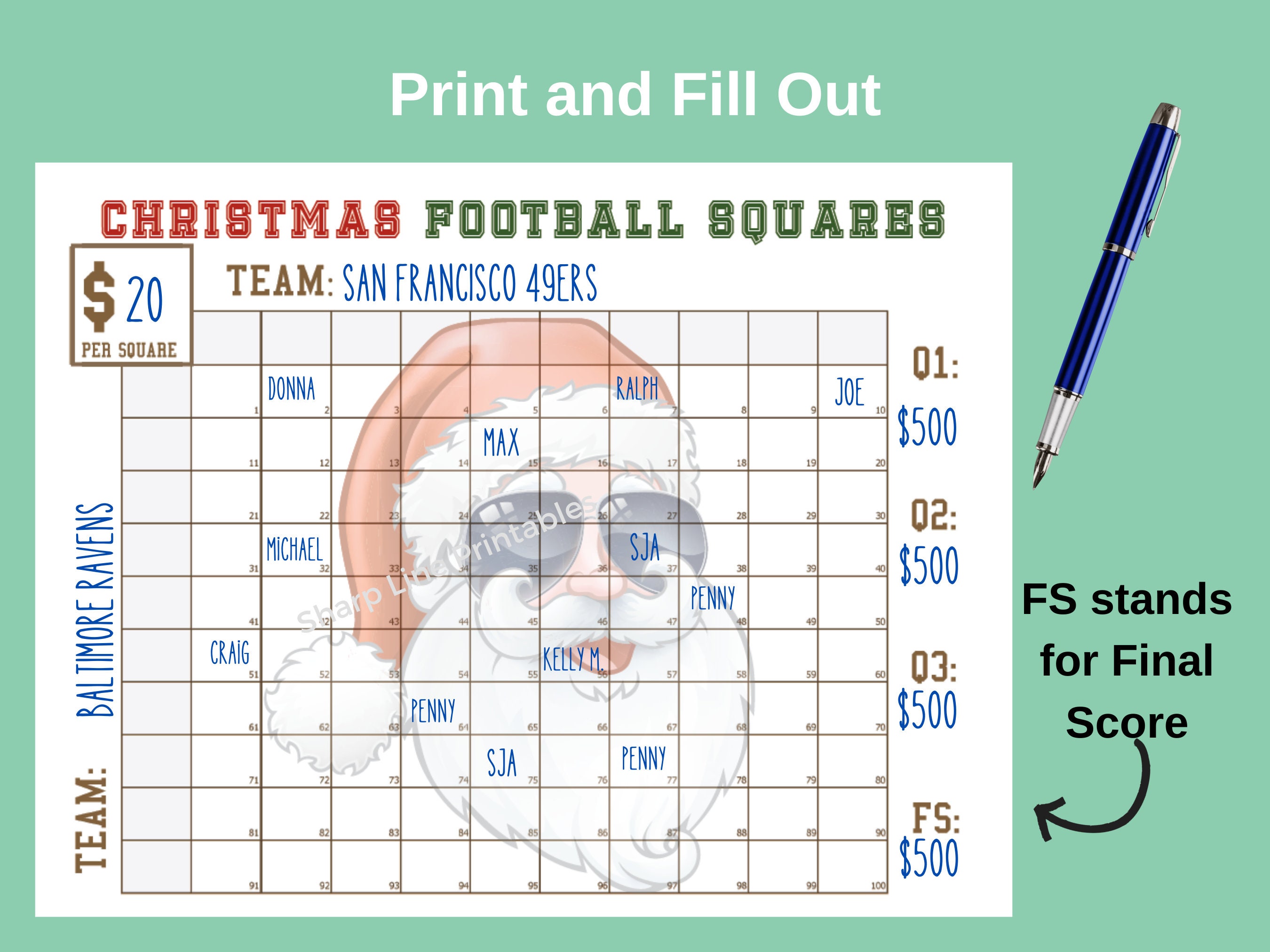 Printable Christmas Football Squares Template Football Fundraiser ...